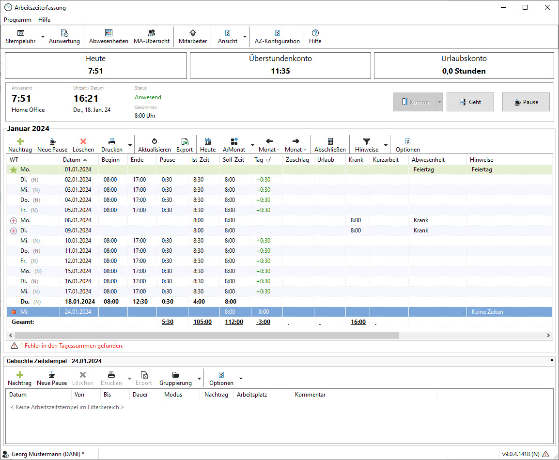 Das Dashboard der Arbeitszeiterfassung